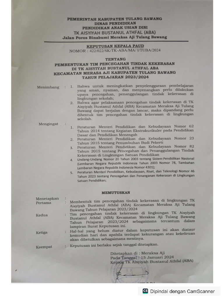 Tim Tindak Kekerasan TK Aba 2023 2024 | PDF