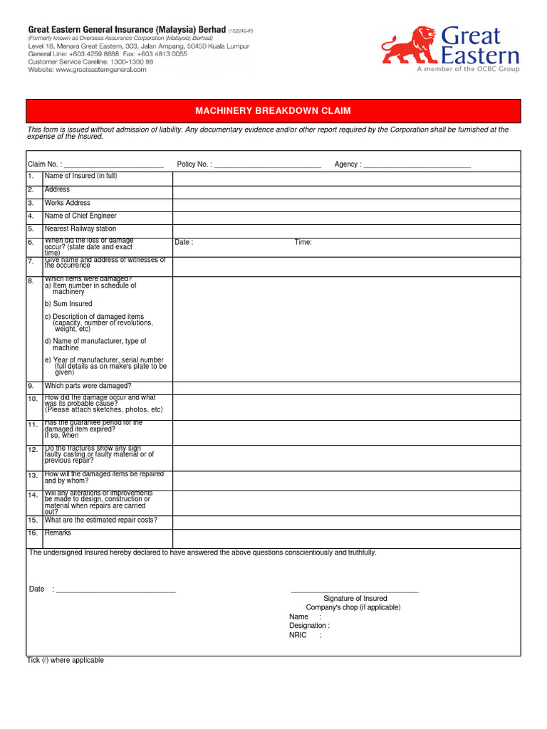 Machinery Breakdown Claim Form | PDF