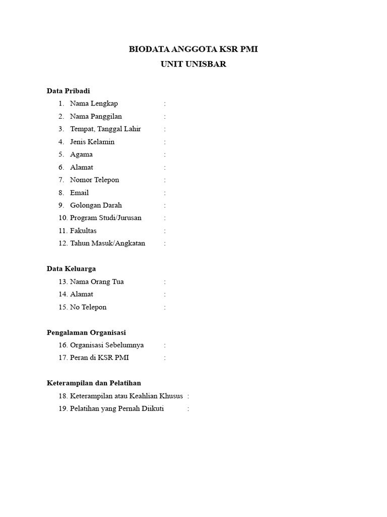 Format Biodata Anggota KSR Pmi | PDF | Karier & Perkembangan | Kesehatan Holistik