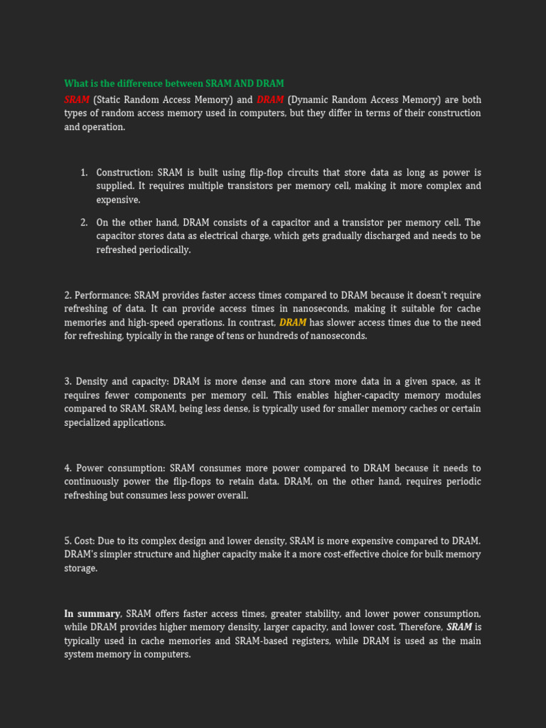 SRAM vs. DRAM: Key Differences Explained | PDF | Computer Data Storage ...