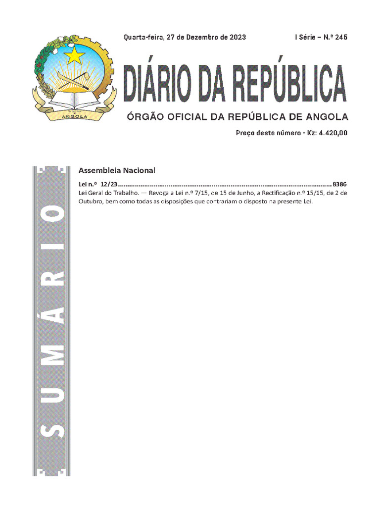 Lei N.º 12 - 23 - Lei Geral Do Trabalho | PDF