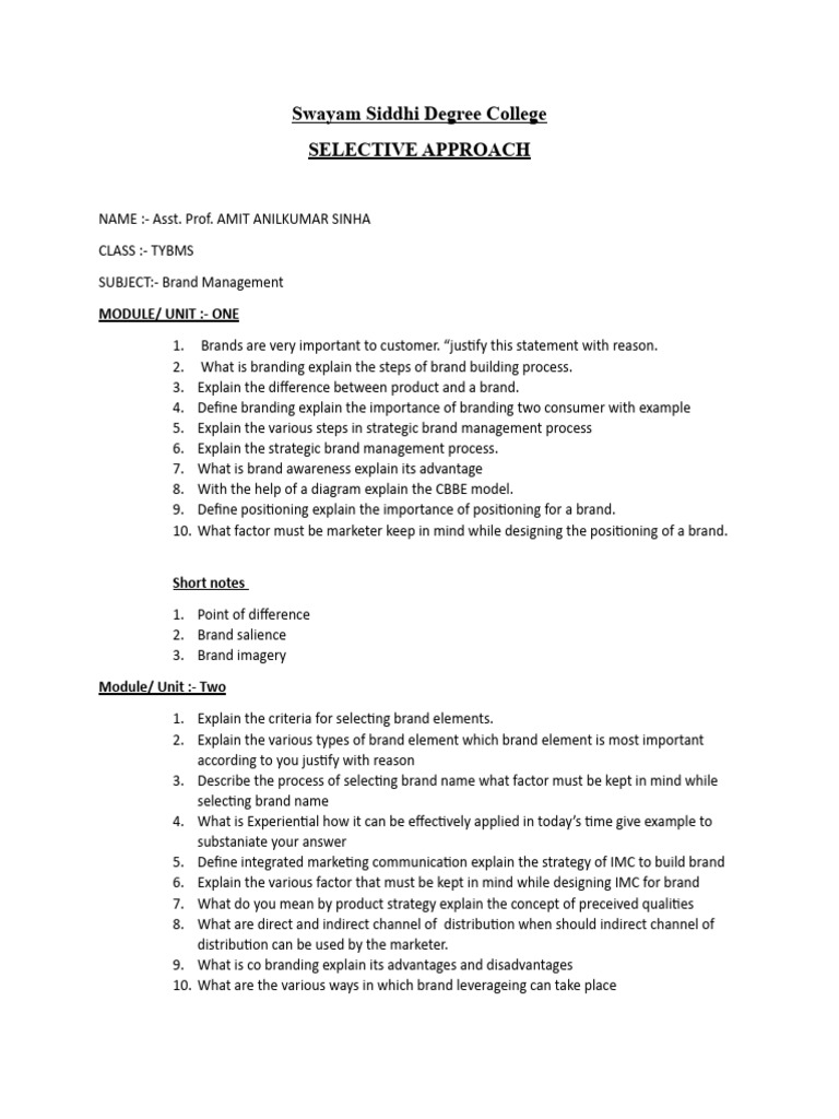 Brand Management TYBMS SELECTIVE APPROACH-1 | PDF | Brand | Marketing