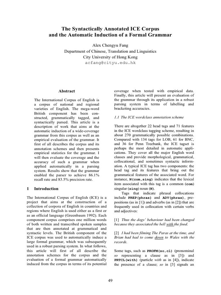 The Syntactically Annotated ICE Corpus and The Automatic Induction of A Formal Grammar | PDF ...