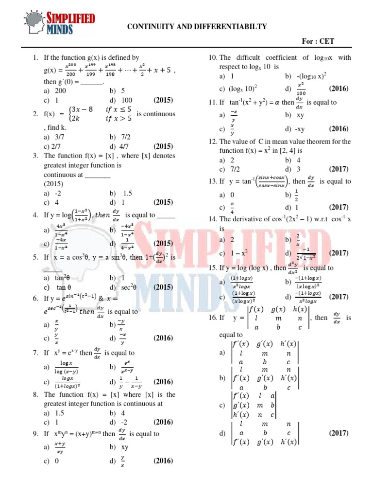 5.continuity and Differentiability KCET - 8ee2f11e C8a5 431f 8471 Ad2fa636ffcd | PDF | Function ...