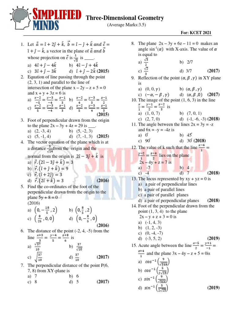 11.three Dimensional Geometry KCET PYQs - Ab48a50b 4550 46a9 953f b4f120268819 | PDF | Line ...