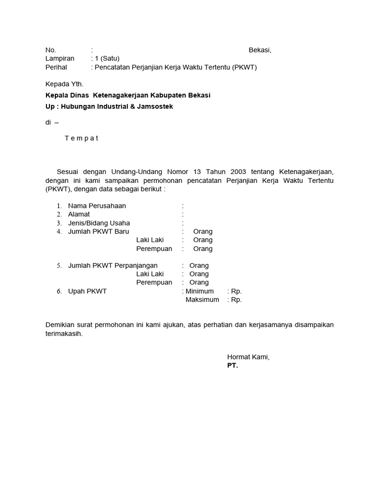 Format Permohonan Pencatatan PKWT | PDF