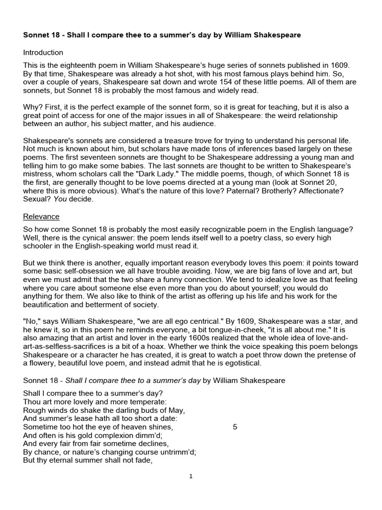 Sonnet 18 - Notes | Download Free PDF | Poetry | Shakespeare's Sonnets