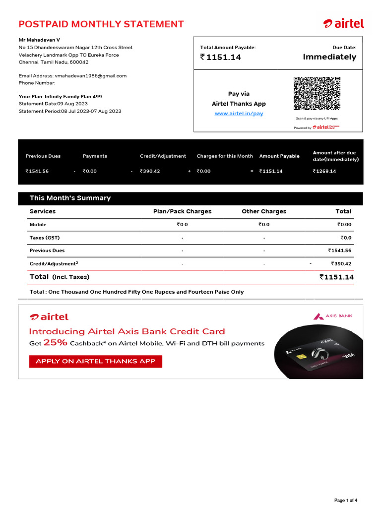 Postpaid Monthly Statement: 1151.14 Immediately | PDF | Credit Card | Cheque