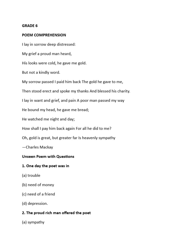 Grade 6 Poem Comprehension Exercises | PDF