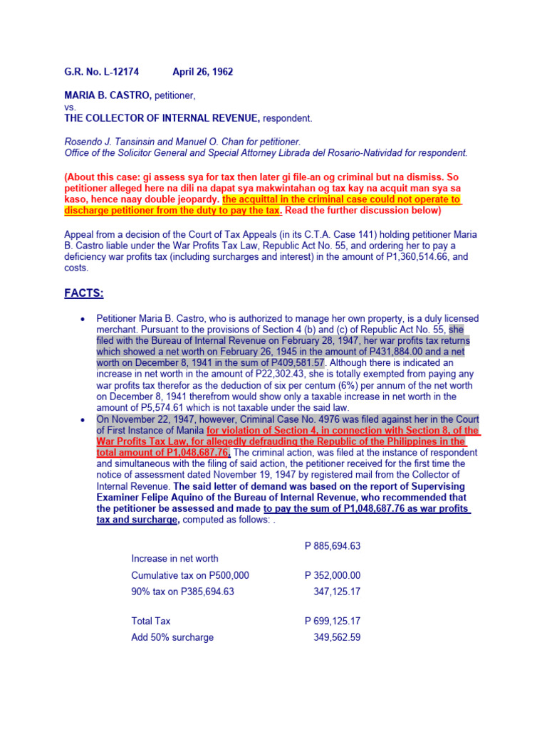 1 Castro vs. Collector (4 SCRA 119) | PDF | Taxes | Taxpayer