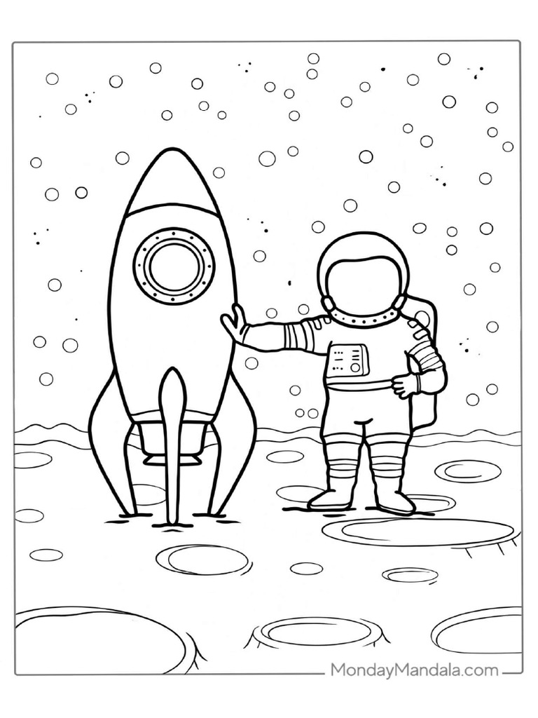 Rocket On The Moon With Astronaut Coloring Page For Kids | PDF