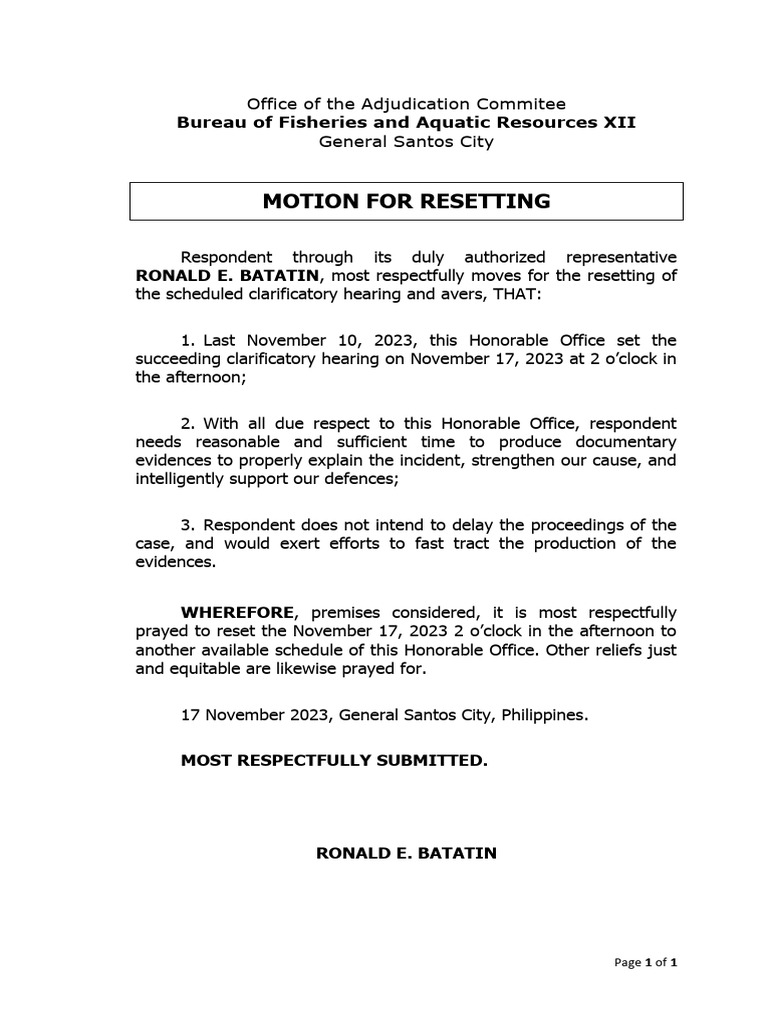 Motion For Resetting - Batatin | PDF