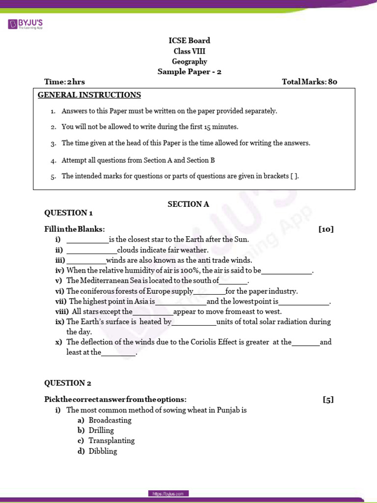 ICSE Class 8 Geography Sample Paper 2 | PDF | Wound | Plateau