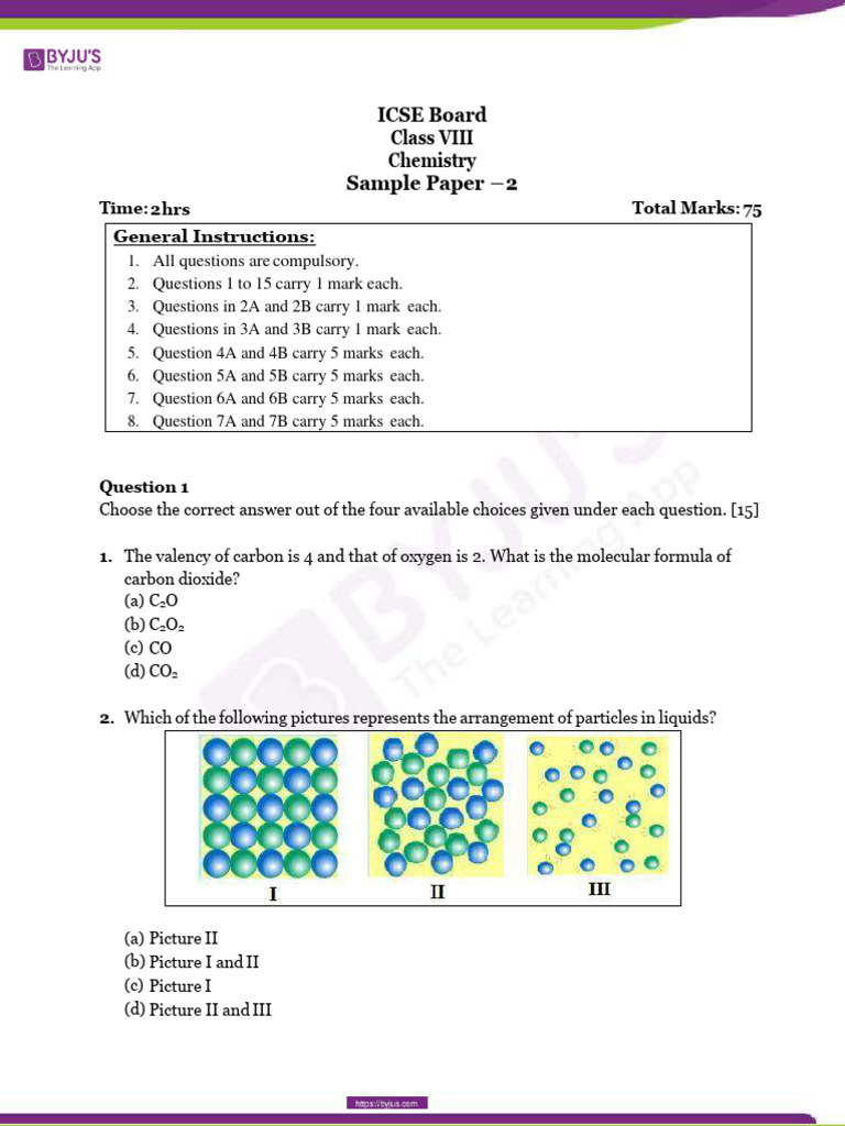 ICSE Class 8 Chemistry Sample Paper 2 | PDF | Chemical Reactions | Hydrogen