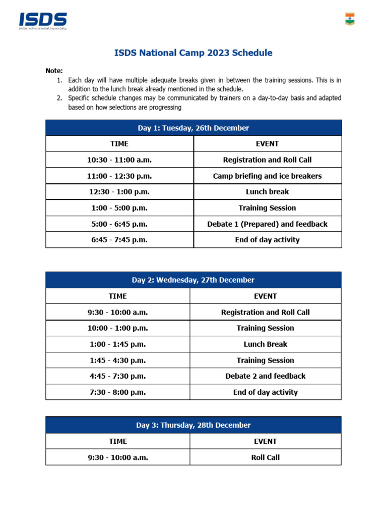 ISDS National Camp 2023 Schedule - VF | PDF | Career & Growth