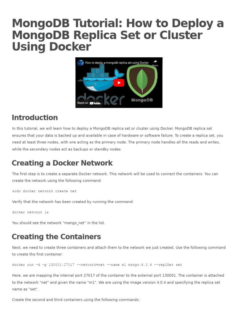 MongoDB Tutorial - How To Deploy A MongoDB Replica Set or Cluster Using Docker | PDF | Mongo Db ...
