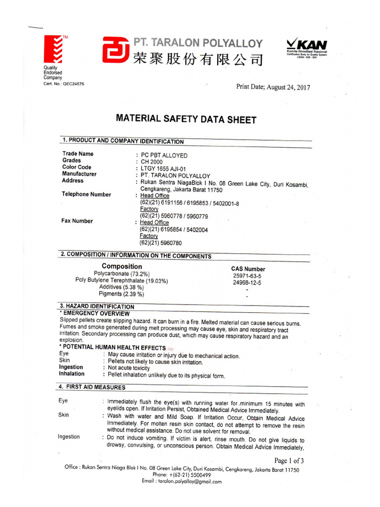 MSDS PC PBT Alloyed CH 2000 Ltgy 1655 Aji-01 | PDF