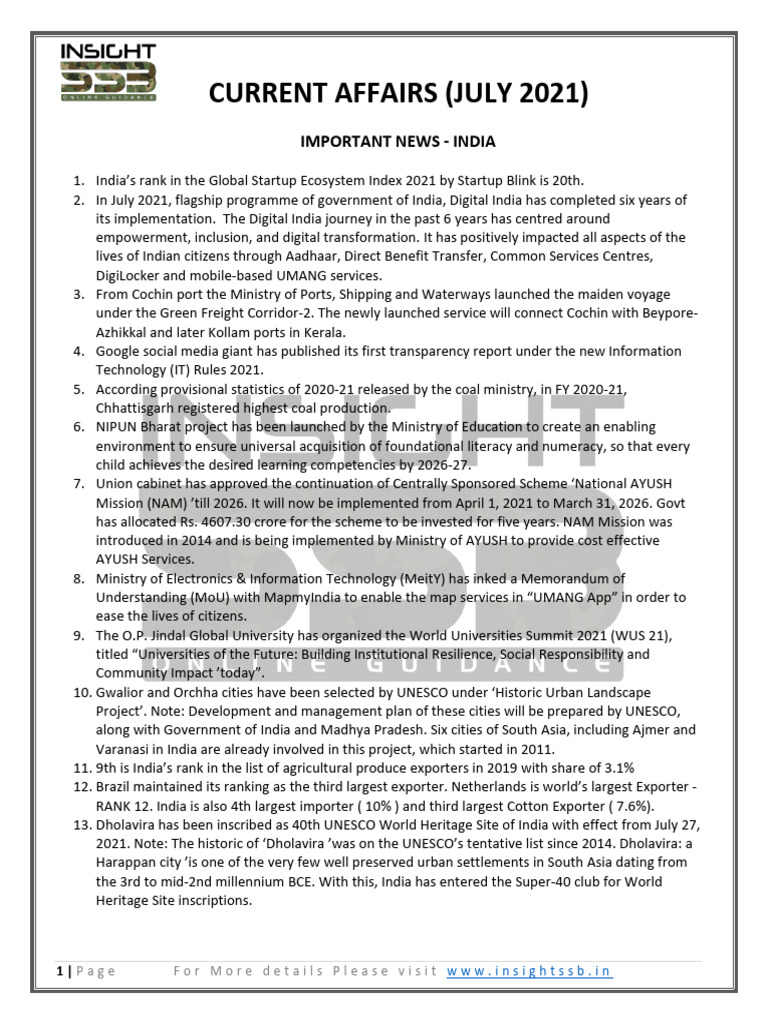 Current Affairs (July 2021) : Important News - India | PDF