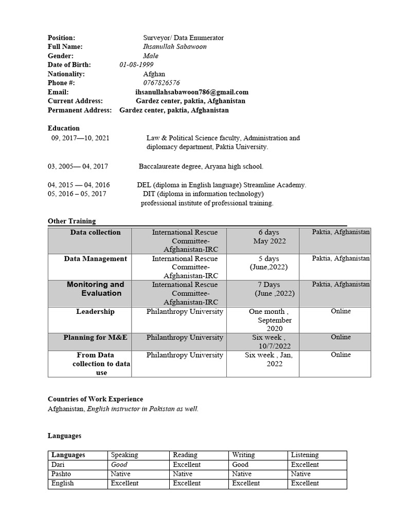 CV Template - Data Enumerator - AACS Consulting Ihsanullah Sabawoon | PDF | Data | Statistics