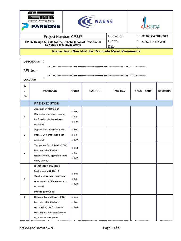 Checklist For Concrete Road Pavement | PDF | Road | Concrete