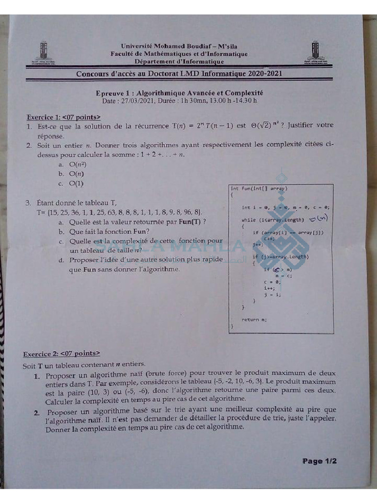 02 Sujets Des Concours D'accès Au Doctorat en Informatique - M'sila 2022 | PDF