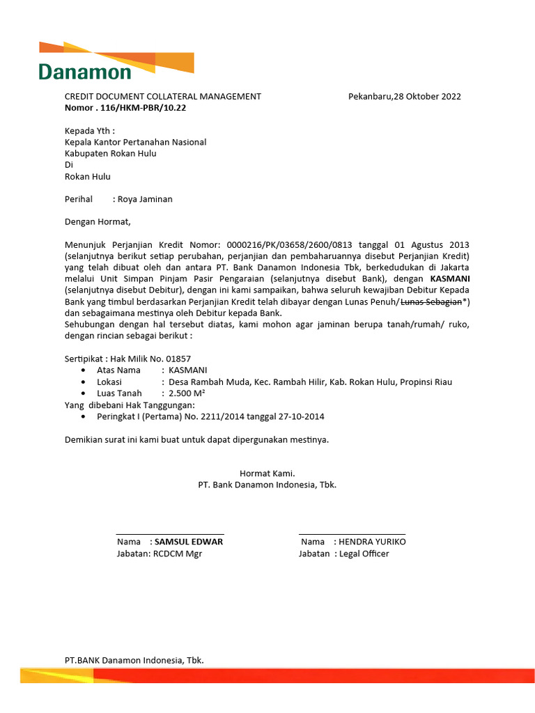Surat Permohonan Roya Jaminan Bank Danamon | PDF | Pengelolaan Keuangan ...