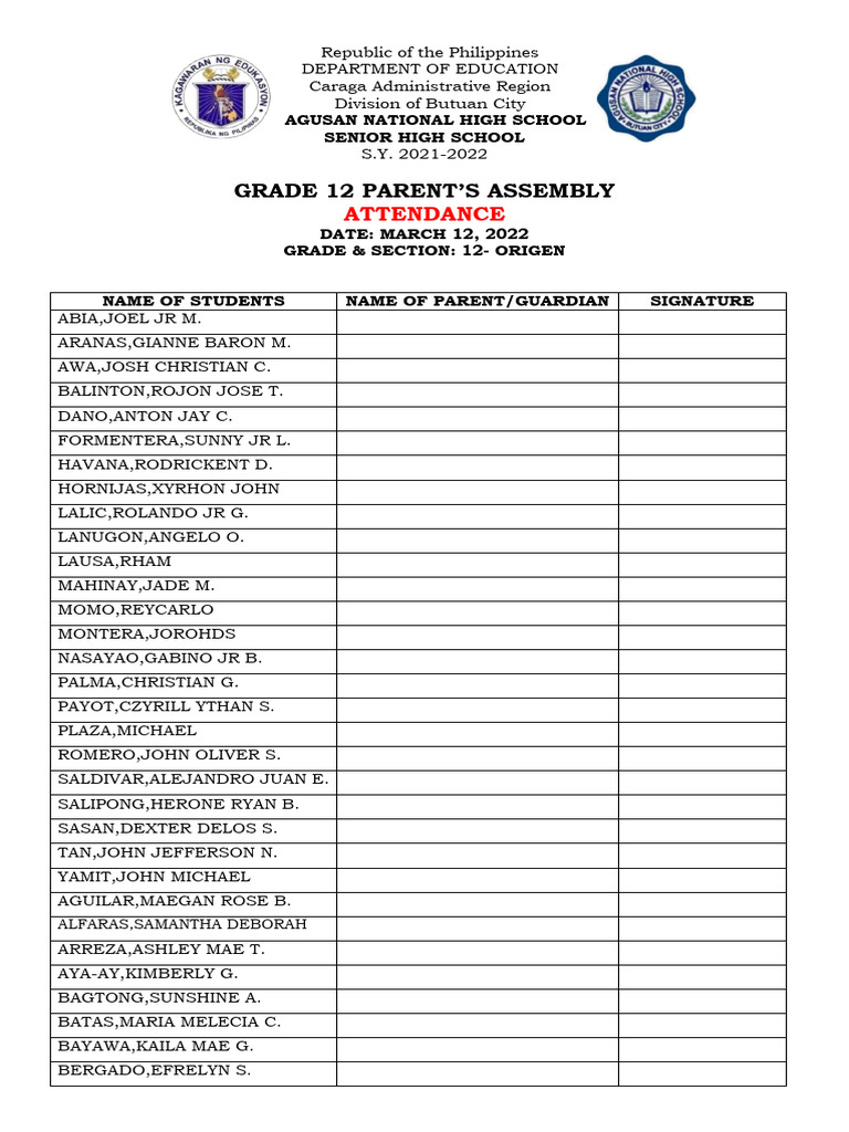 Attendance-G12 Parents Assembly | PDF