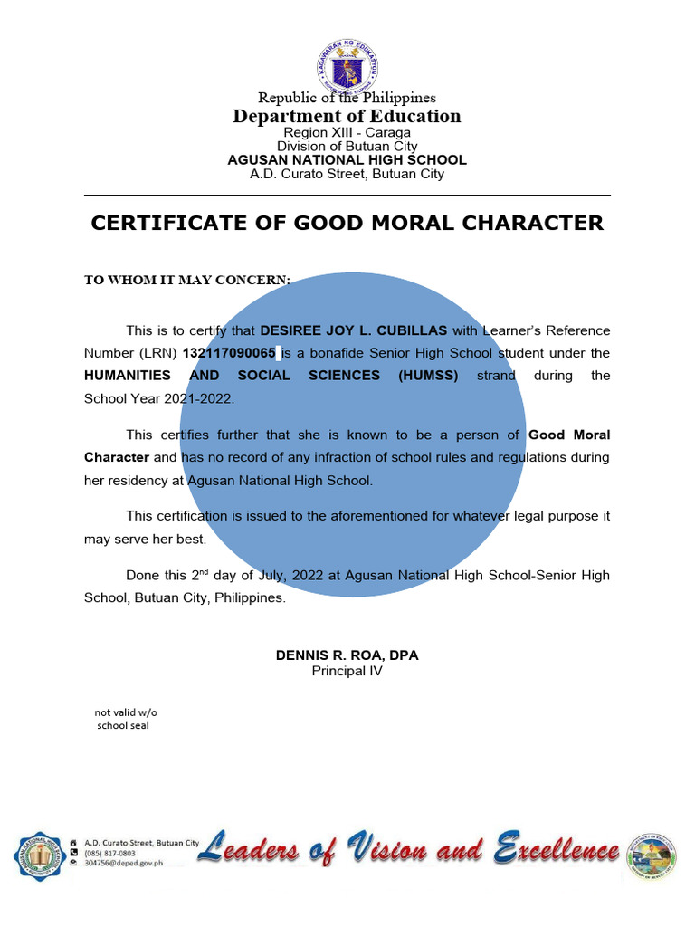 Student Good Moral Certificate | PDF