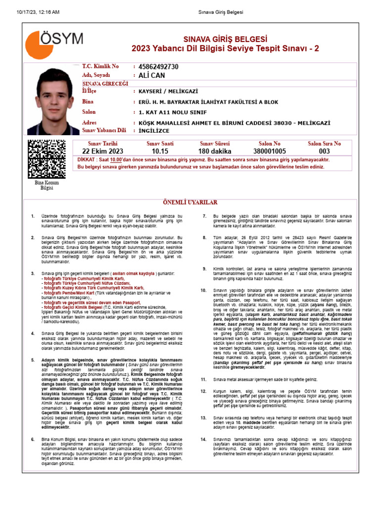 YDS Sınava Giriş Belgesi | PDF