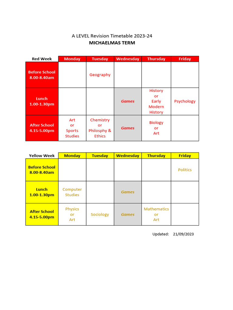 A Level Revision Timetable 2023-24 | PDF