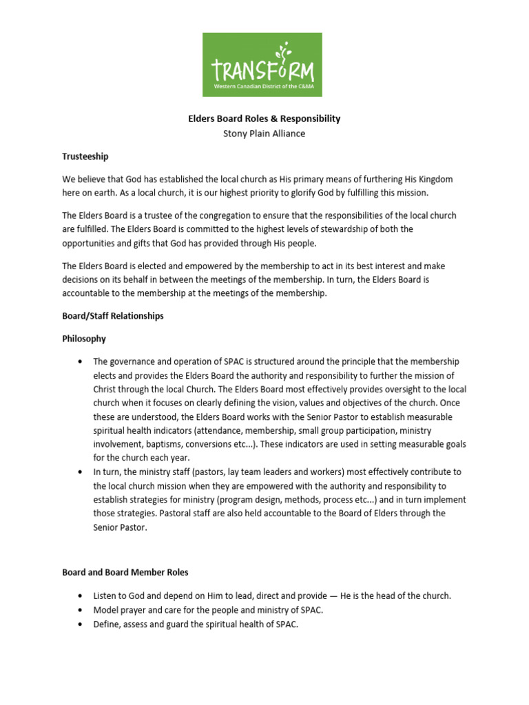 Elders Board Roles & Responsibilities | PDF | Pastor | Leadership