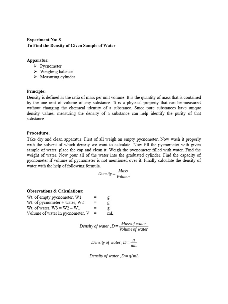 Experiment No 8 - Density of Given Sample of Water | PDF | Density | Volume