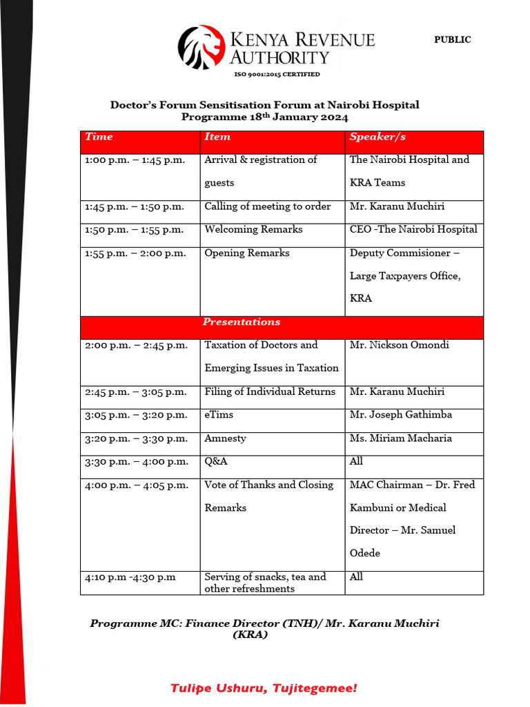 The Nairobi Hospital Doctors - TNH - KRA Sensitization Program | PDF