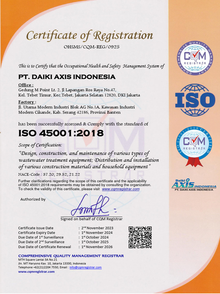 Certificate Iso 45001 2018 PT - Daiki Axis Indonesia (Ia 2023) | PDF
