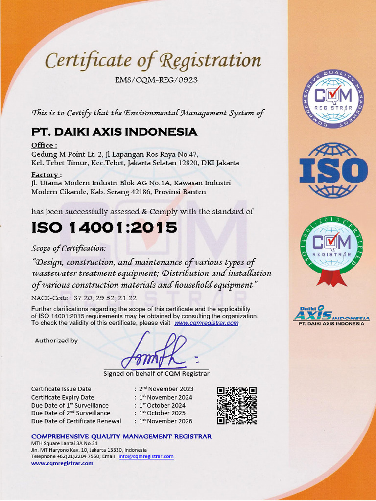 Certificate Iso 14001 2015 PT - Daiki Axis Indonesia (Ia 2023) | PDF