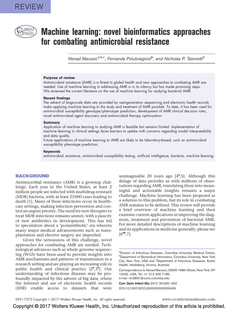 Machine Learning: Novel Bioinformatics Approaches For Combating Antimicrobial Resistance | PDF ...