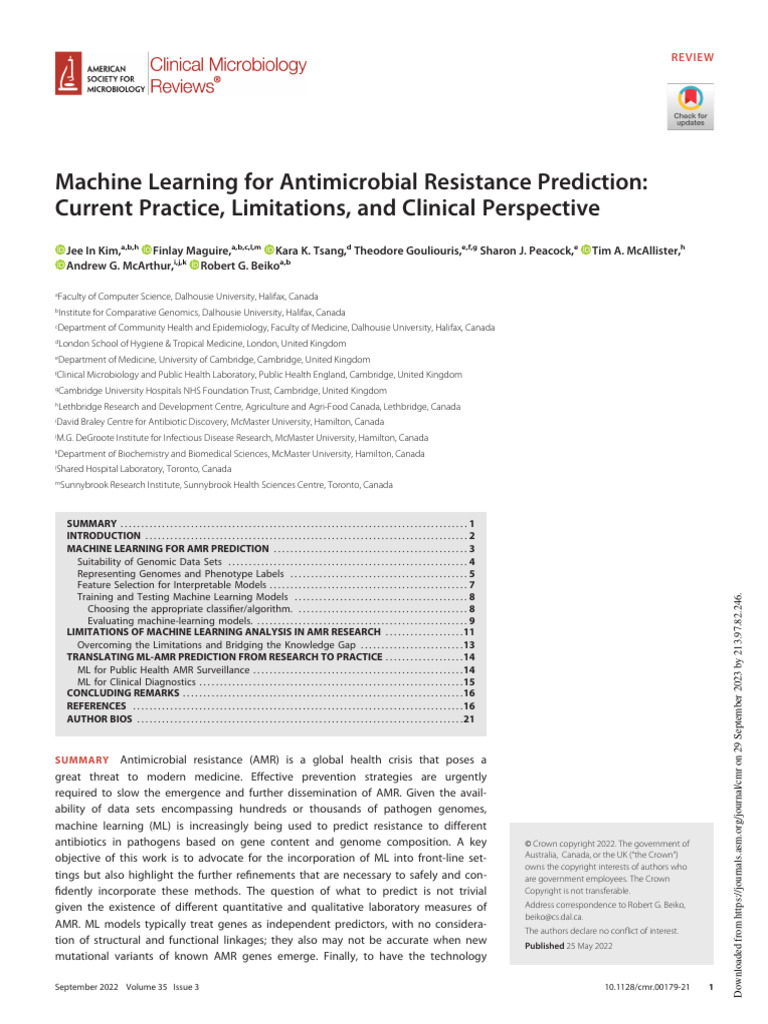 Machine Learning For Antimicrobial Resistance Prediction Current