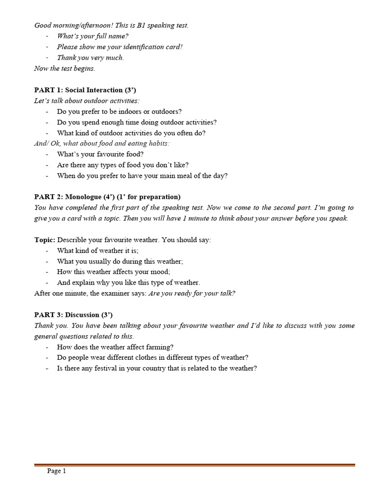 B1 Speaking Test Overview | PDF