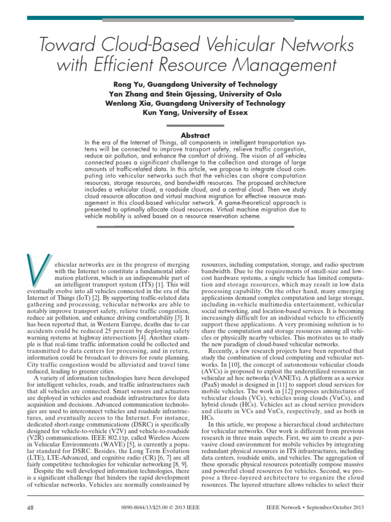 Toward Cloud-Based Vehicular Networks With Efficient Resource Management | PDF | Cloud Computing ...