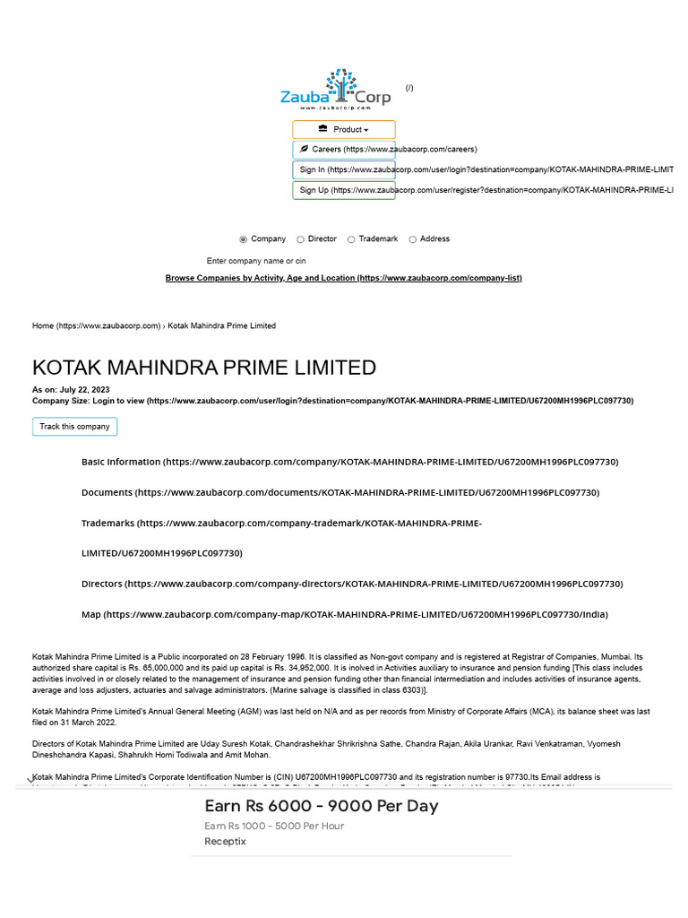 KOTAK MAHINDRA PRIME LIMITED - Company, Directors and Contact Details ...