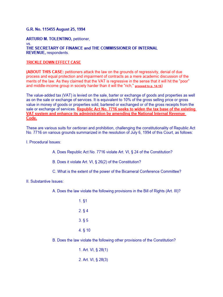 7 Tolentino vs. Secretary of Finance (235 SCRA 630, 249 SCRA 628) | PDF | Bill (Law) | United ...