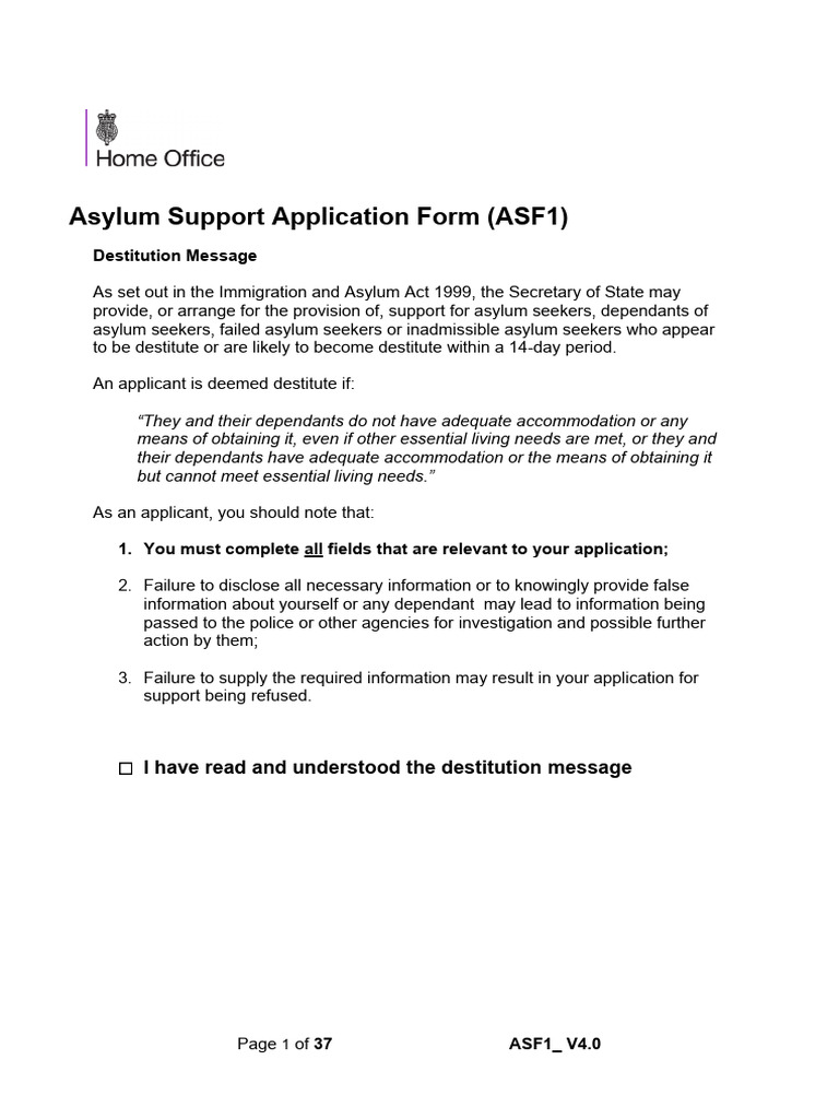 Asylum Support Application Form ASF1 | PDF | Asylum Seeker | Banks
