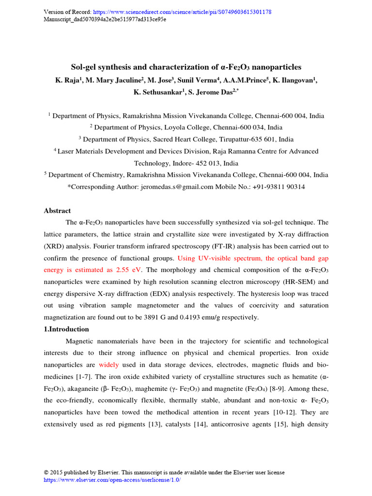 Sol-gel synthesis and characterization of α-Fe2O3 nanoparticles | PDF | Nanoparticle | X Ray ...