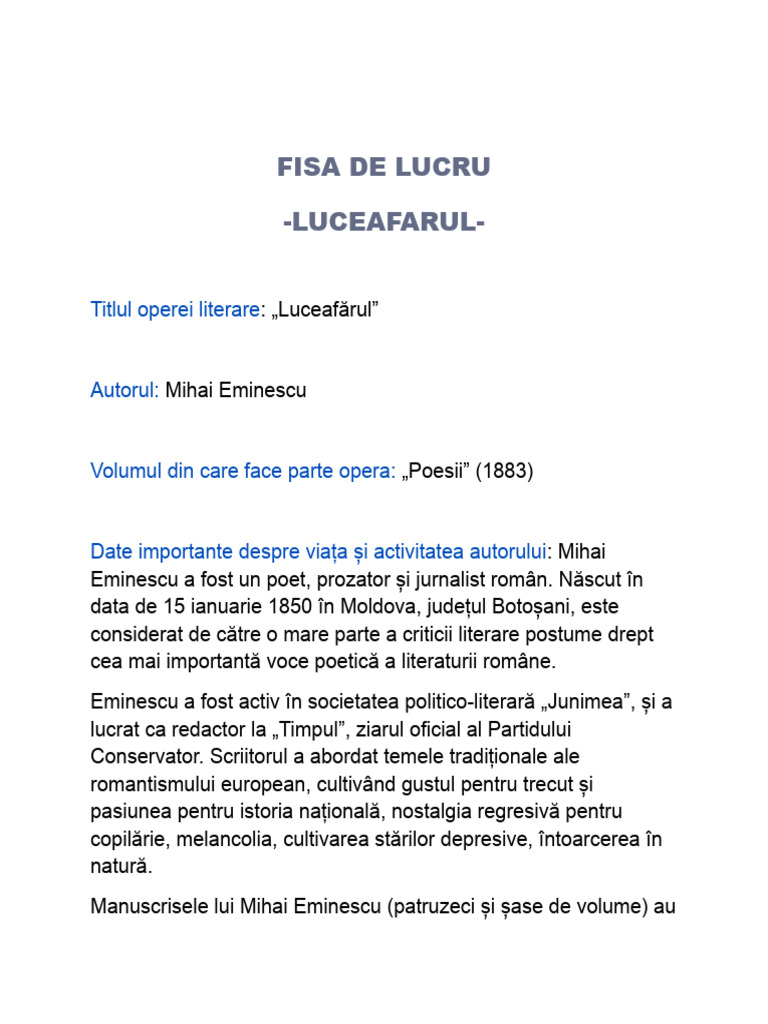 Fisa de Lectura Luceafarul | PDF