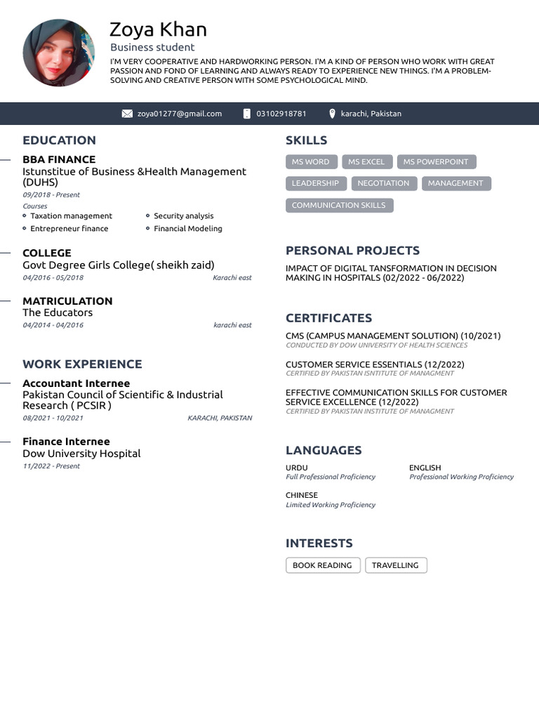 Zoya's Resume | PDF | Cognition