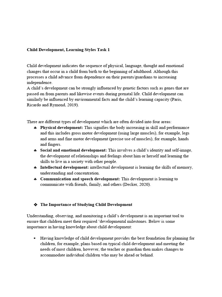 Child Development, Learning Styles Task 1 | PDF | Attachment Theory | Child Development