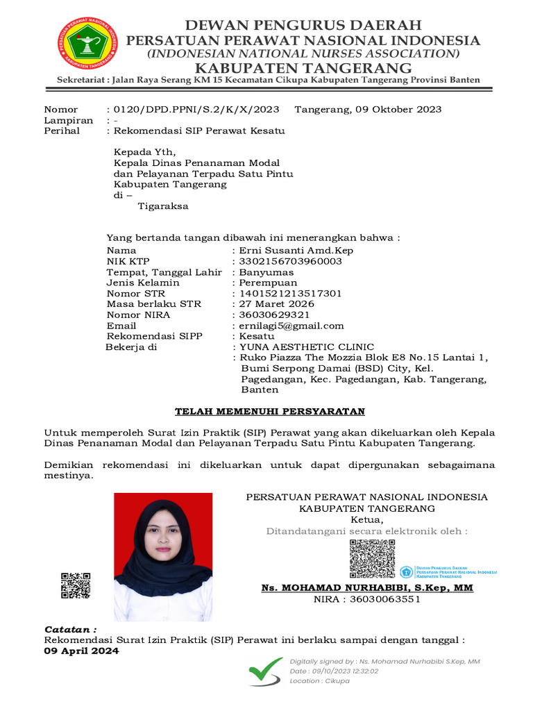 Rekom SIP Perawat Erni Susanti Amd - Kep | PDF