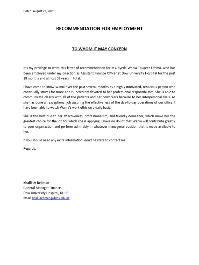 Reccommendation Letter | PDF | Economies | Behavioural Sciences