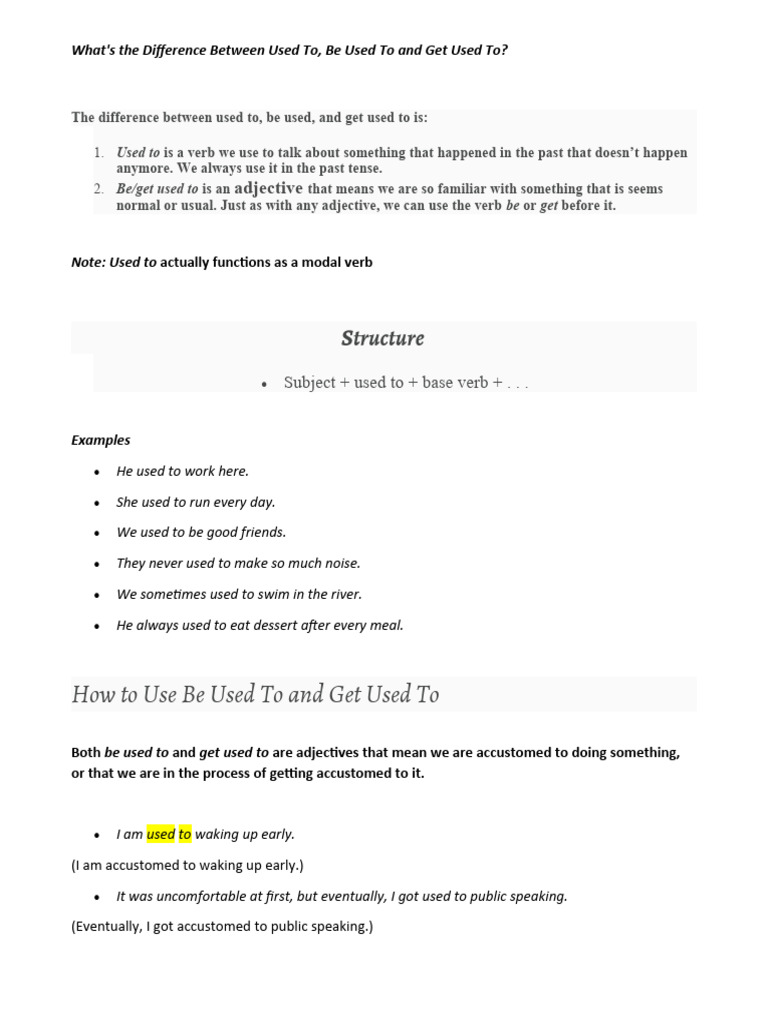 Used To vs. Be Used To vs. Get Used To | PDF | Verb | Language Families