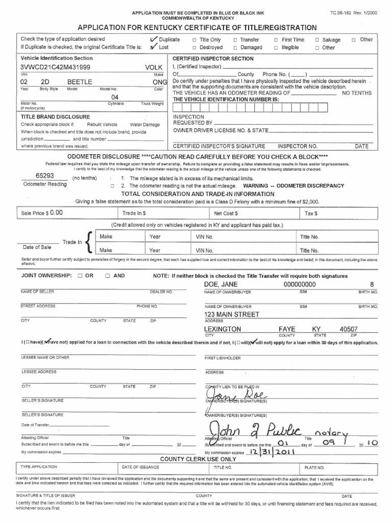 Kentucky Sample Lost Title App | PDF